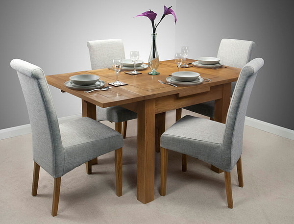 3ft X 3ft Rustic Solid Oak Extending Dining Set + 4 Light Grey Fabric ...