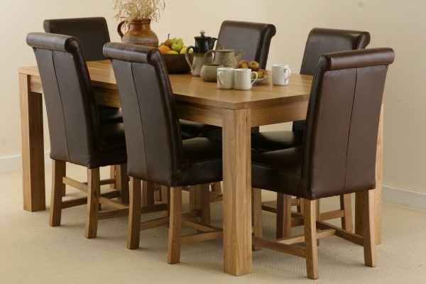 Oakdale Natural Solid Oak 6ft X 3ft Dining Table + 6 Brown Braced ...